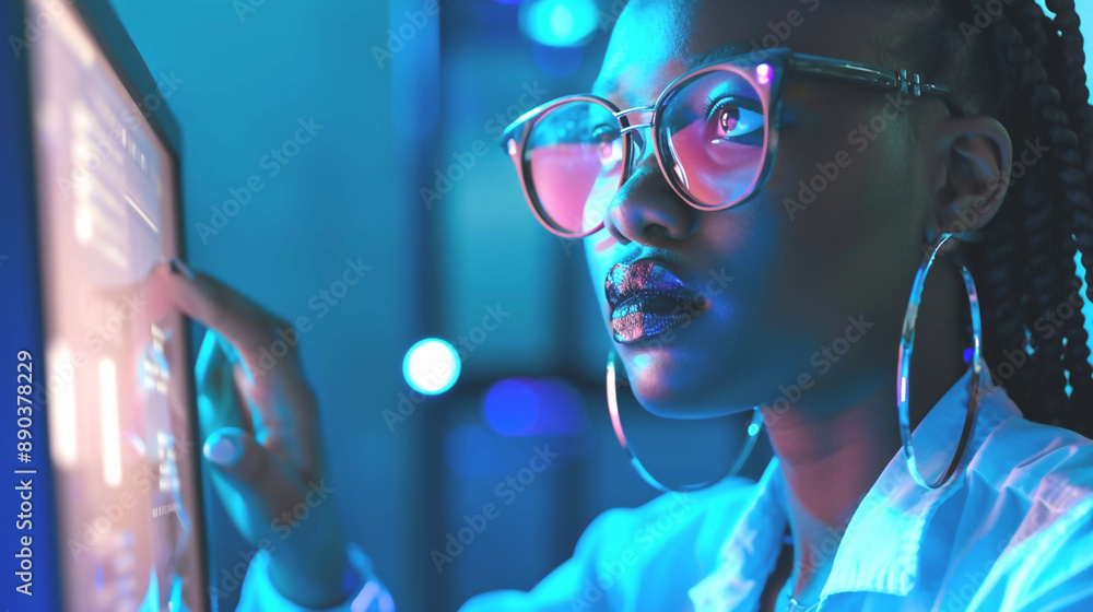 Black female cyber security analyst analysing AI cyberspace threats on ...