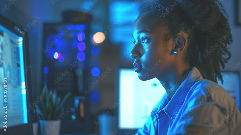 Black female cyber security analyst analysing AI cyberspace threats on ...