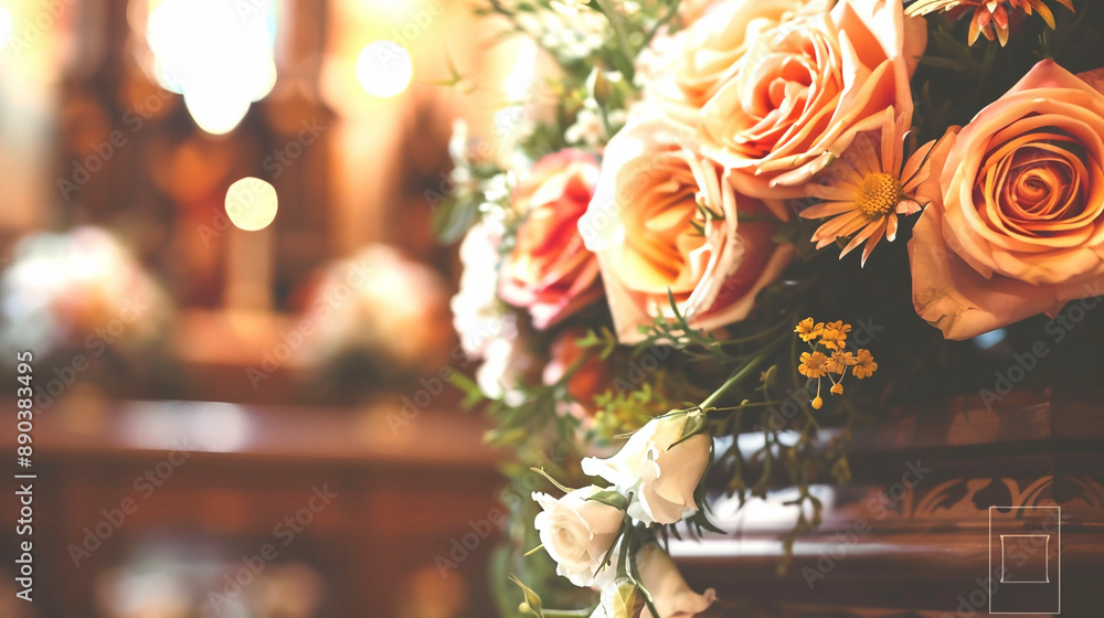 Closeup of bouquet of flowers on brown wooden burial casket coffin on a ...