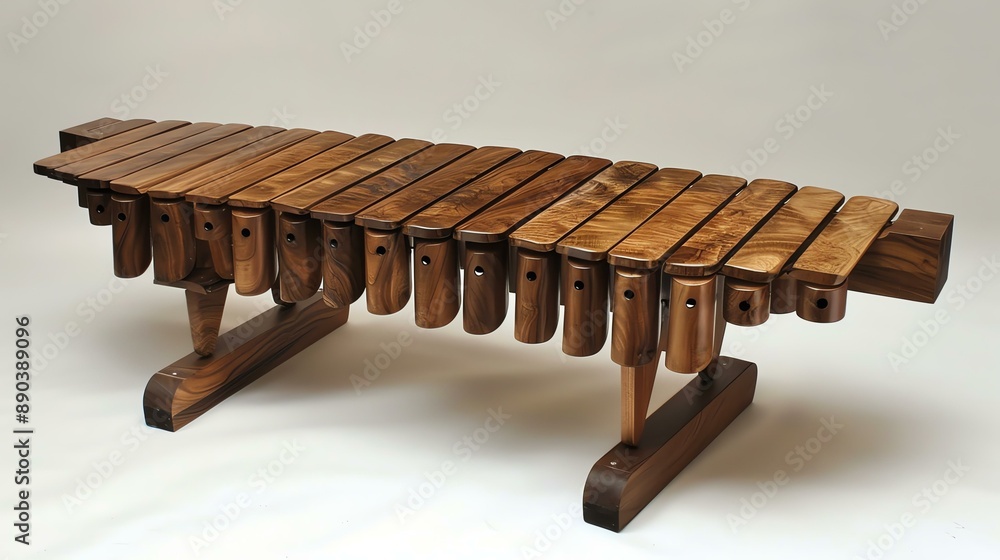 This image shows a handcrafted wooden marimba with a natural wood ...