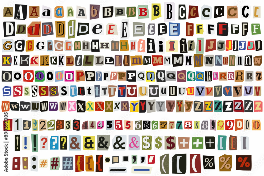 Ransom cut out color letters. Numbers, punctuation marks. Ransom note ...