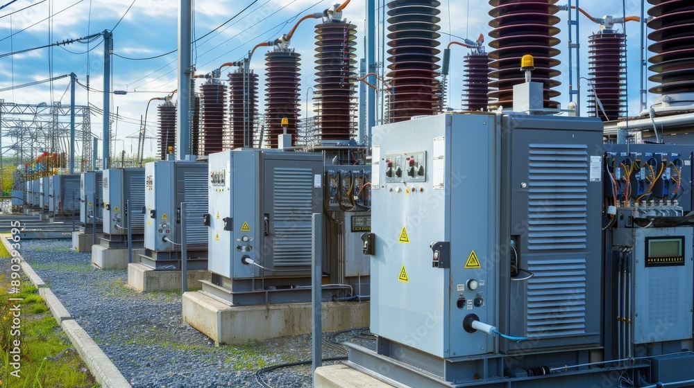 Rows of high-voltage transformers and switchgear in an electrical plant ...