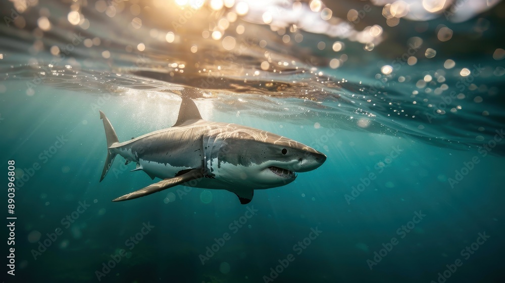 An underwater image of a great white shark swimming below the water ...