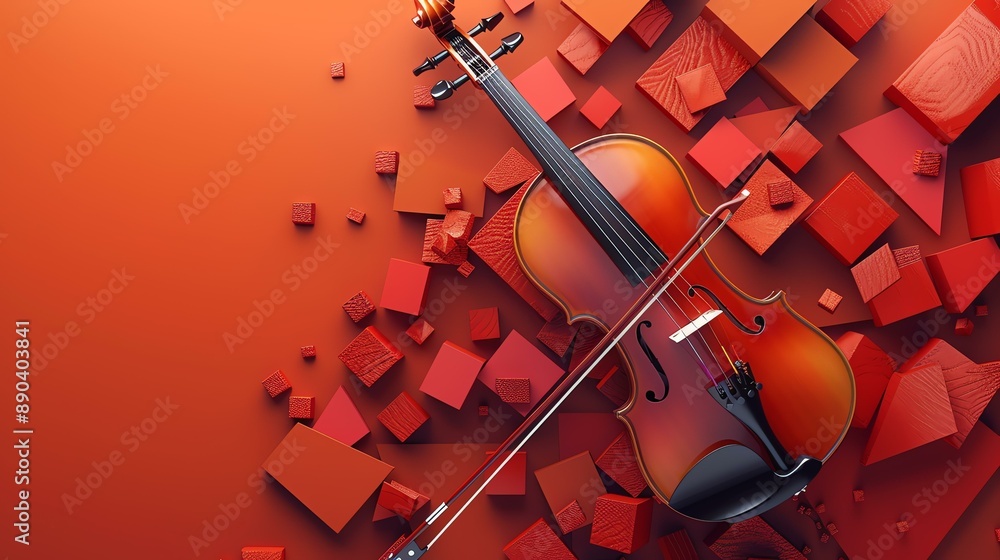 Red violin on a red background with scattered wooden blocks. The violin ...