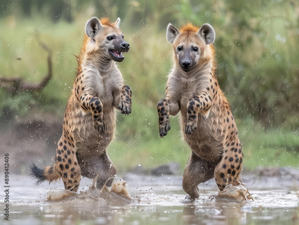 Two playful hyenas standing on their hind legs, splashing in a ...
