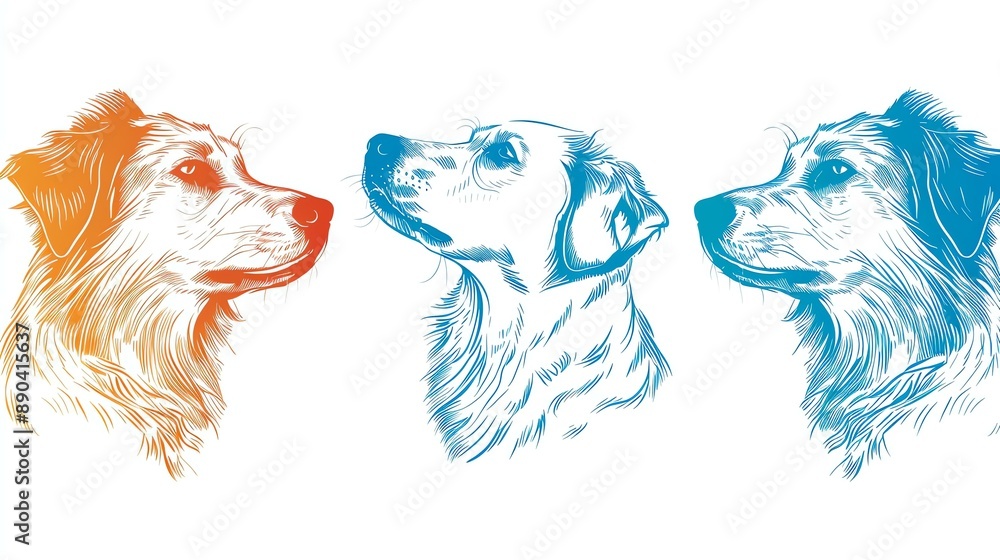 Three dogs of different breeds are shown in profile. The dogs are a ...