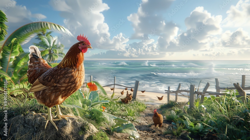 Coastal chicken farm with ocean view, hens roaming near the beach ...