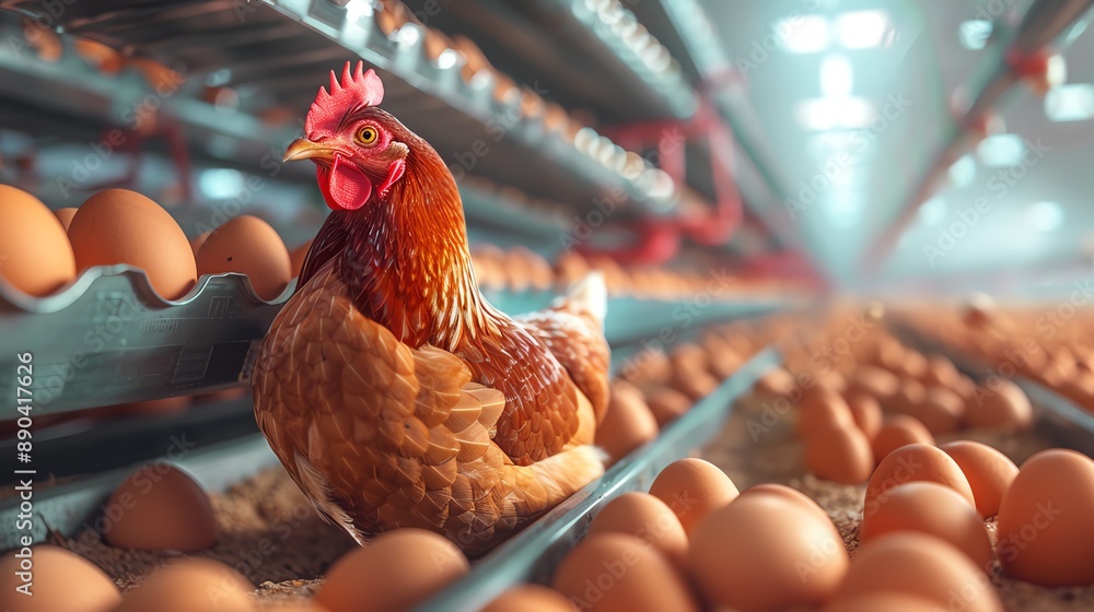 Modern chicken farm with advanced automated feeding systems, happy ...