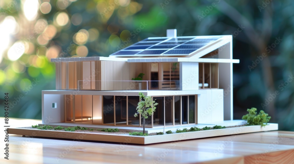 Architectural model of a house with solar cells, emphasizing solar ...