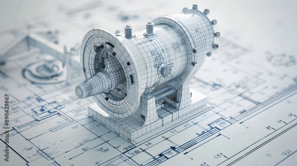A machine with a large round part is shown in a white background. The ...