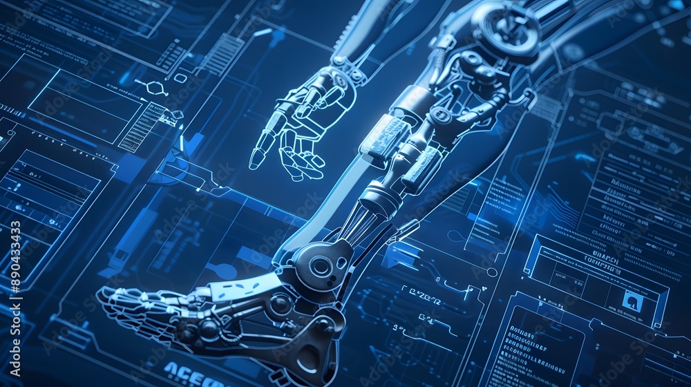 A blue and silver robot leg is shown on a computer screen. The leg is ...