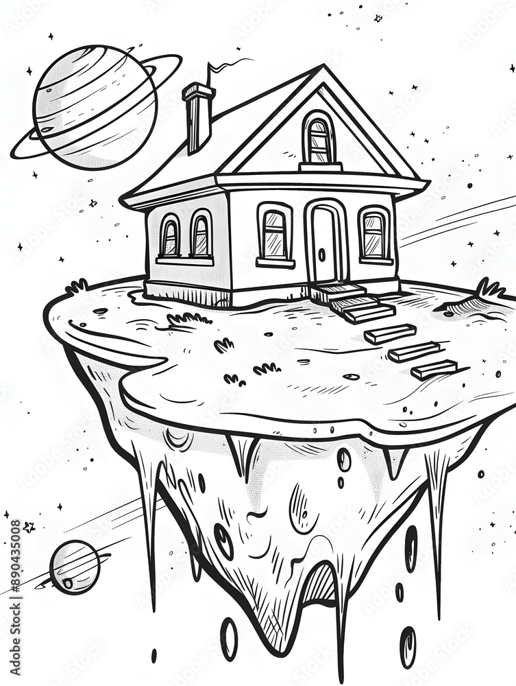 The Floating House in Space with Planets and Stars is a surreal , black ...