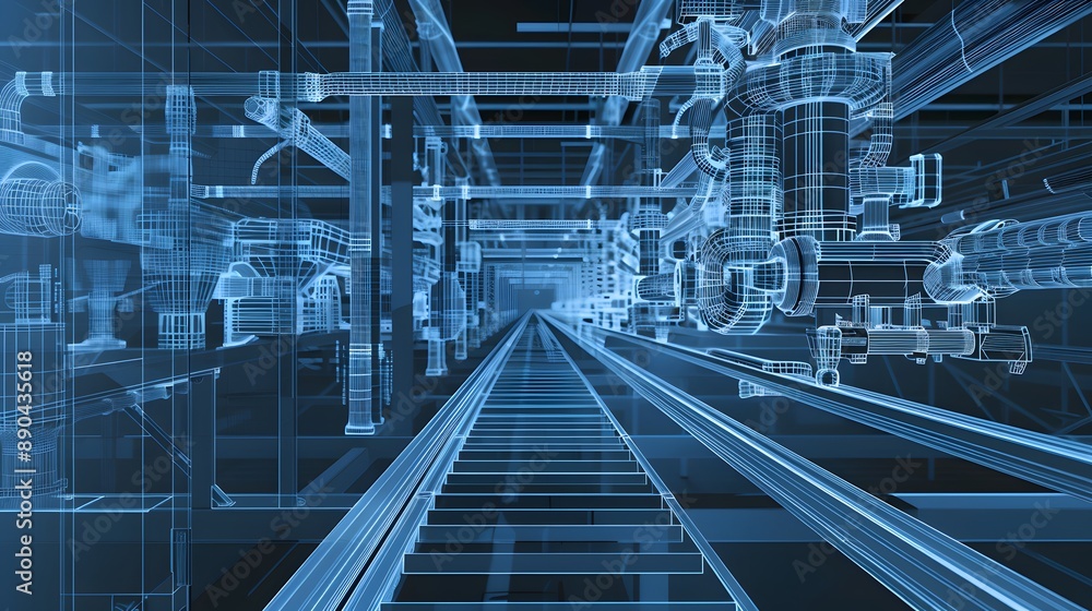 A computer generated image of a factory with pipes and valves. The ...