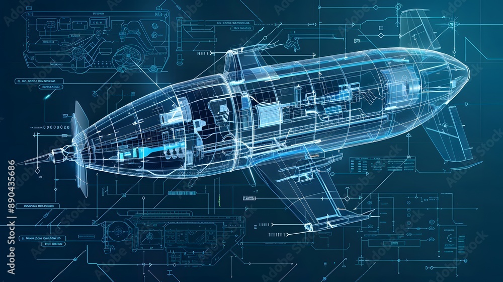 A blue and white image of a rocket ship with a blue background. The ...