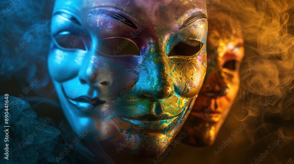 Colorful theatre masks, rich textures, studio lighting, realistic ...