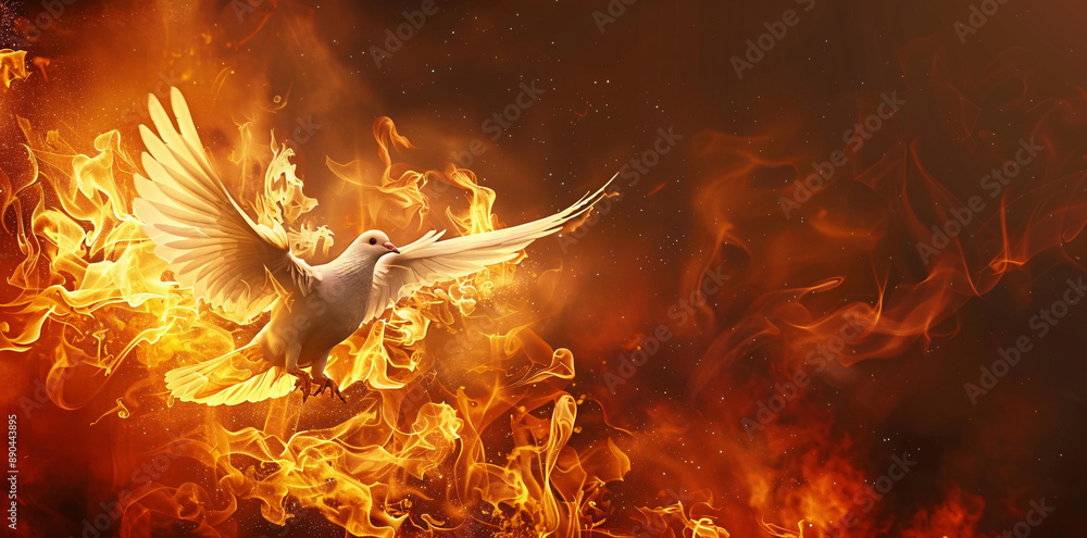 A winged dove in flames representing the holy spirit of the new ...