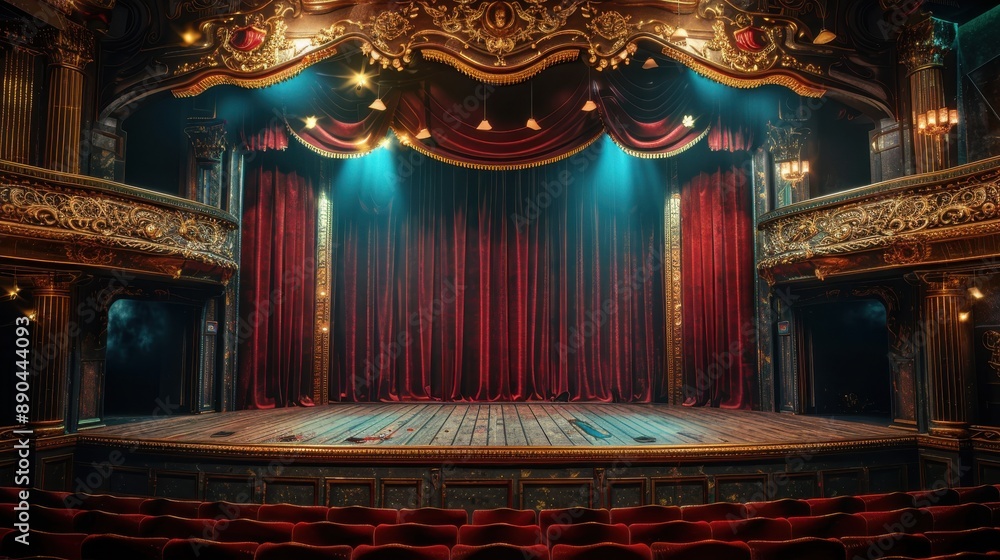 Theatre stage with intricate set design, moody lighting, realistic ...