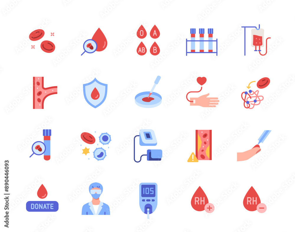 Hematology icons set. Signs with hematologist, blood type, donation ...