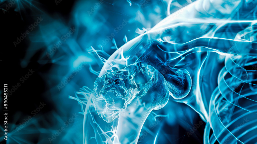 Abstract blue energy is flowing through human body skeleton anatomy in ...