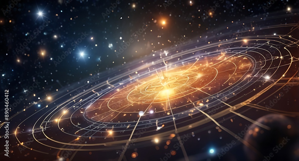 Golden celestial chart featuring planets and stars on a vibrant blue ...