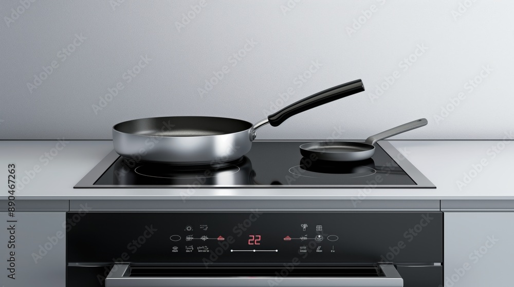 Modern induction cooktop with two frying pans and an oven with digital ...