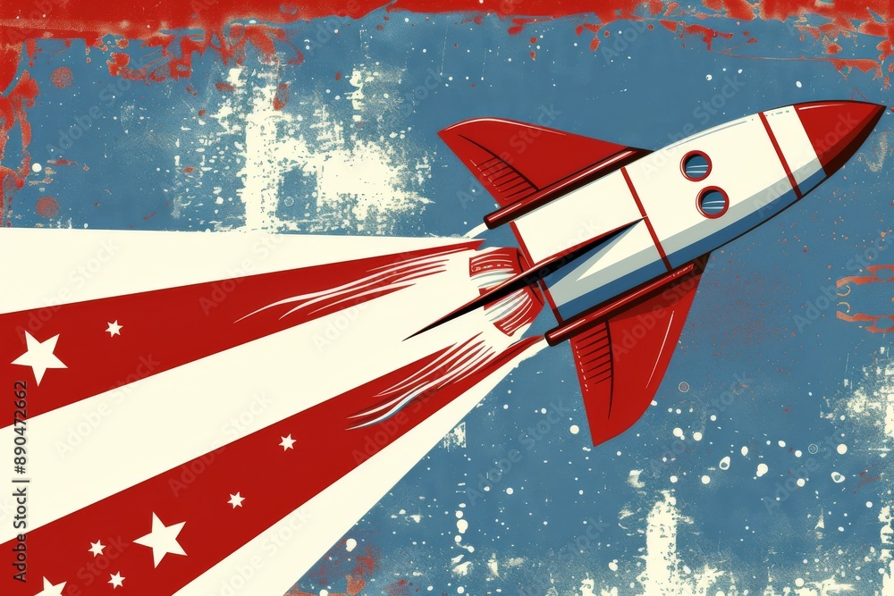 Retro style rocket illustration with vintage texture vibrant and ...