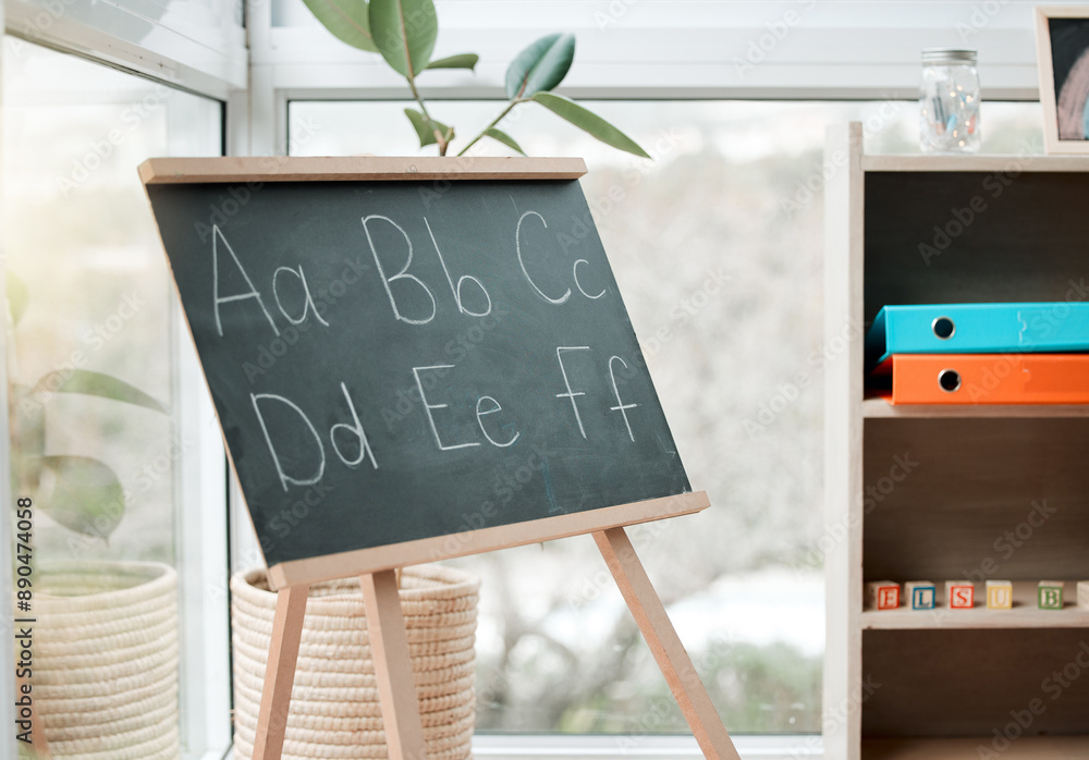 Alphabet, blackboard and education for lesson in house with letters ...
