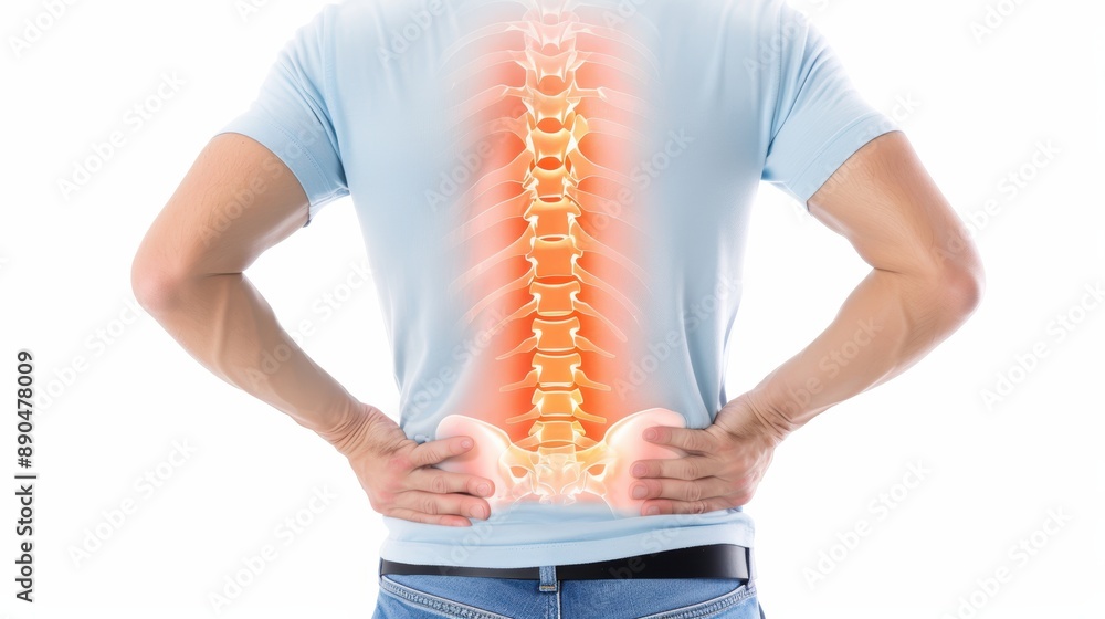 Person holding lower back in pain with highlighted spinal column to ...