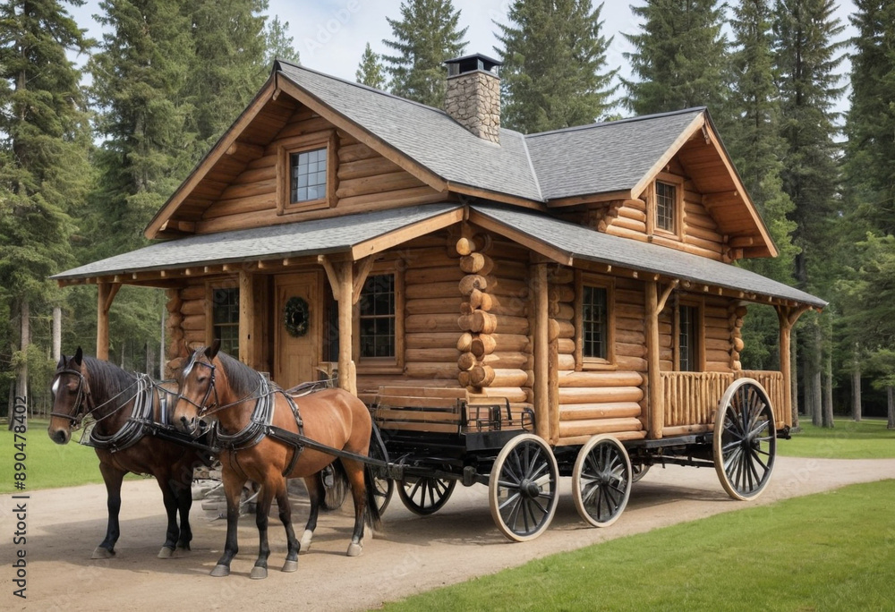 A log cabin built by American pioneers, with a horse-drawn carriage ...