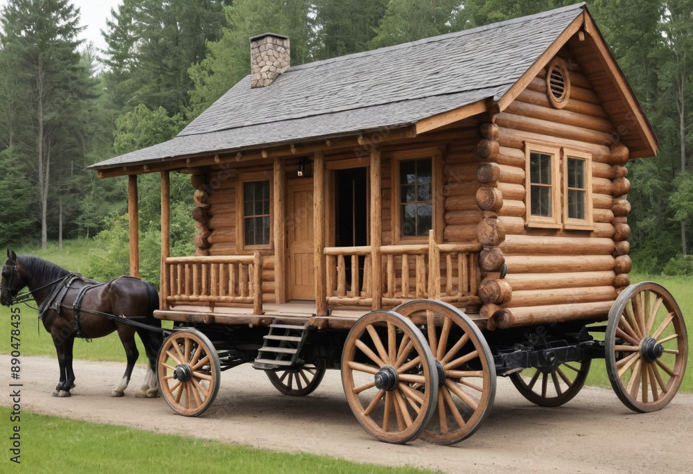 A log cabin built by American pioneers, with a horse-drawn carriage ...