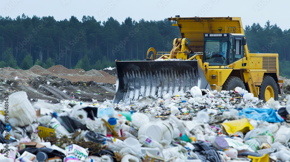 Yellow Bulldozer Working at Garbage Dumpsite near Forest, Sorting and ...