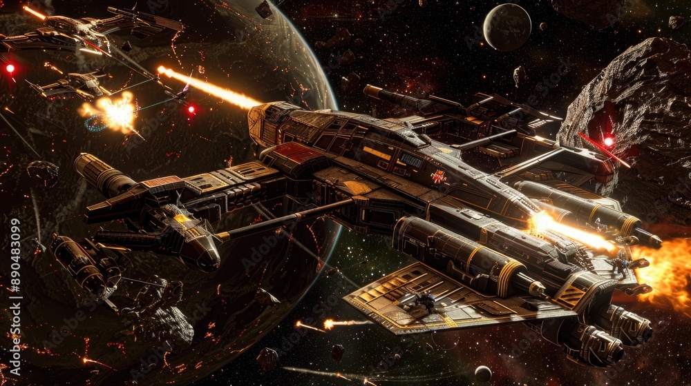 A mercenary fleet equipped with prototype weapons engaging a galactic ...