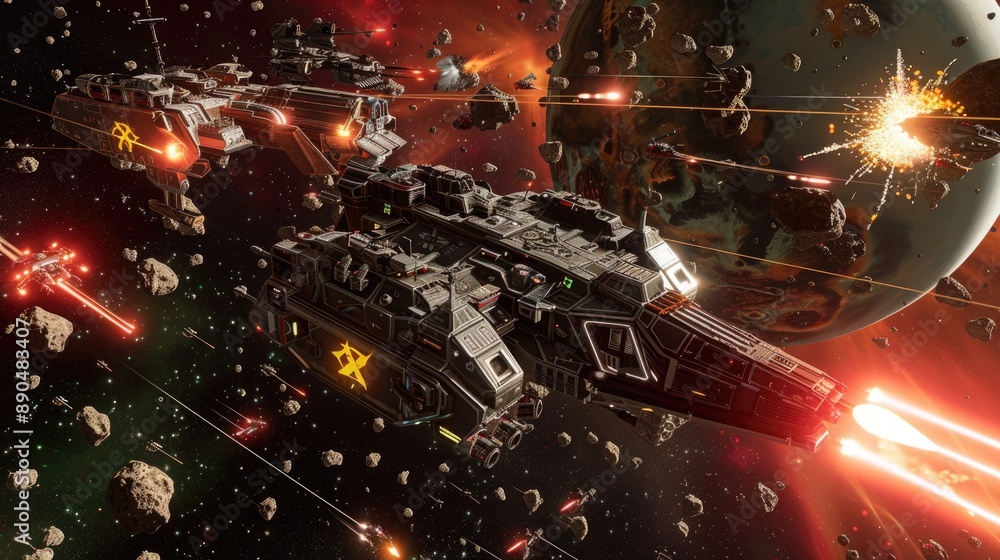 A mercenary fleet equipped with prototype weapons engaging a galactic ...