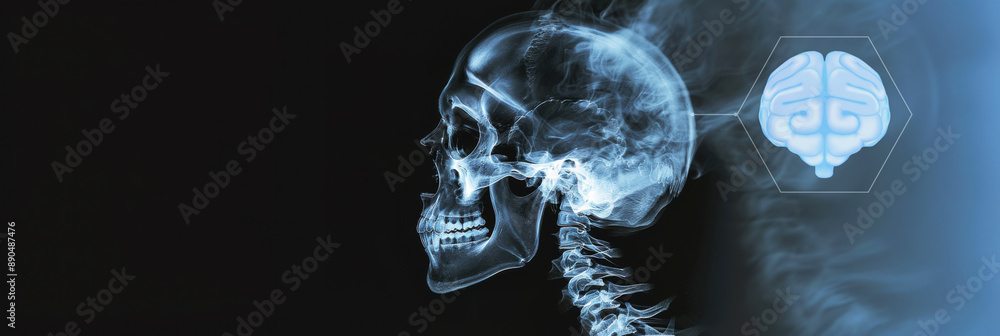 X-ray image of normal human skull, cranial structure, side (Lateral ...