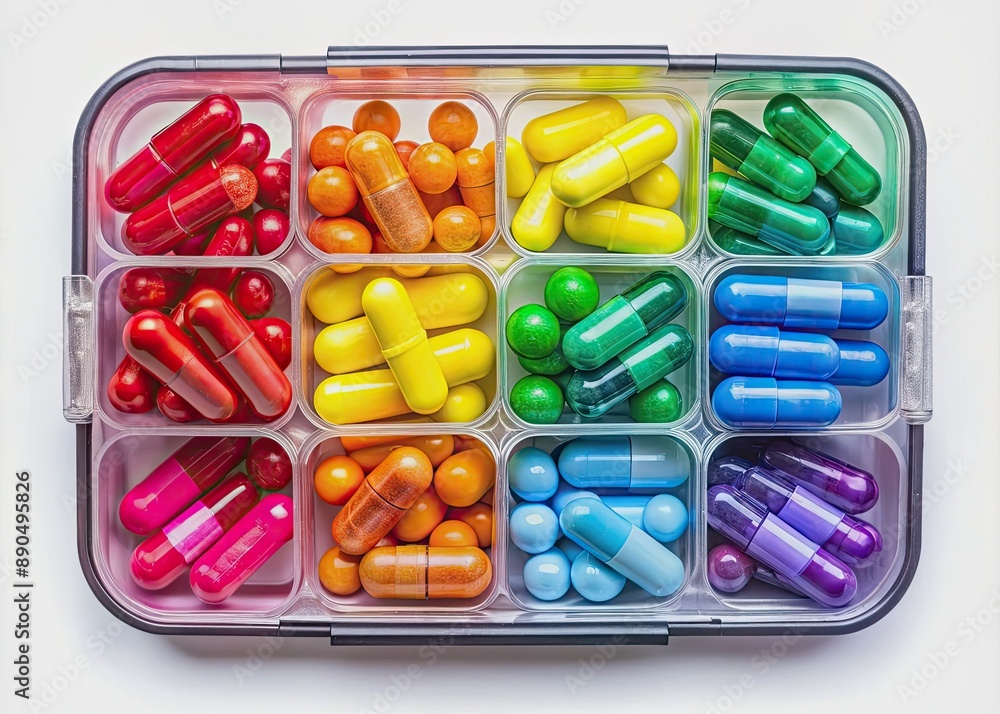 Vibrant antibiotic and antiviral capsules organized in a weekly pillbox ...
