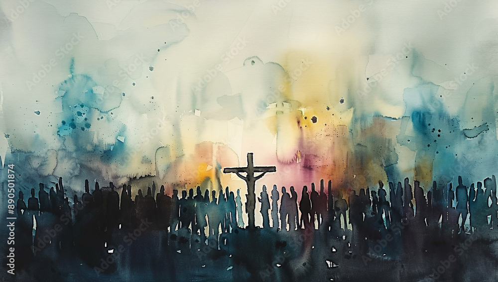 A watercolor painting of Jesus on the cross with many people in ...