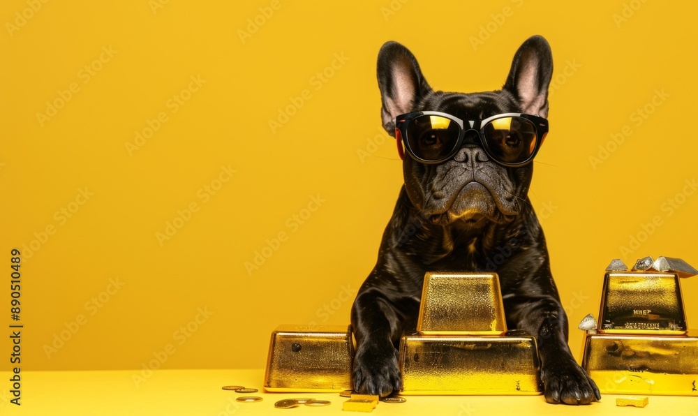 Wealthy French Bulldog with Sunglasses and Gold Bars: Luxurious Animal ...