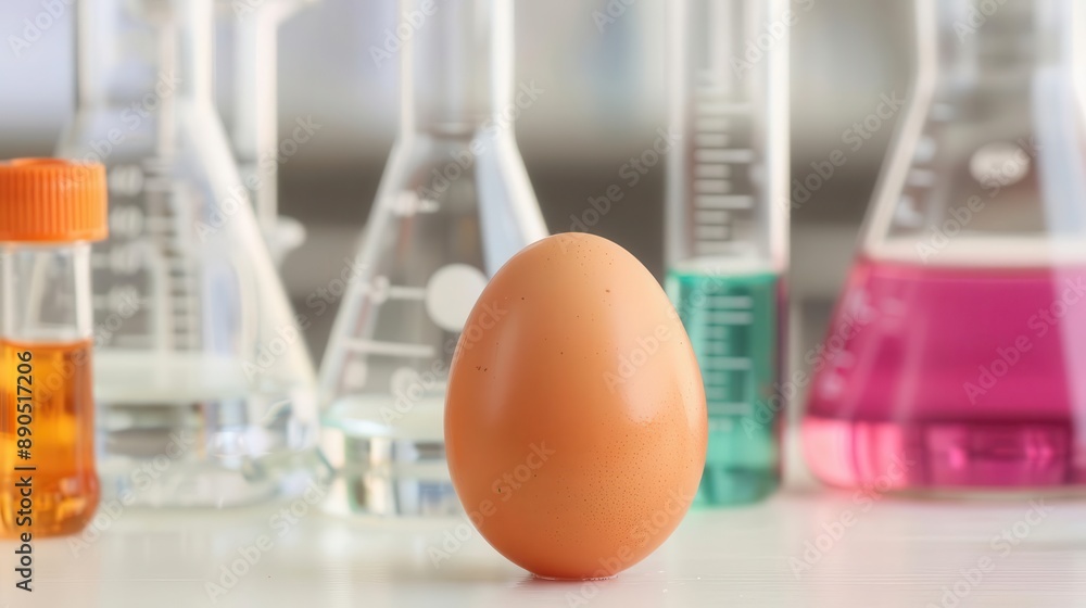 Chicken egg in a science lab with beakers and test tubes, experimental ...