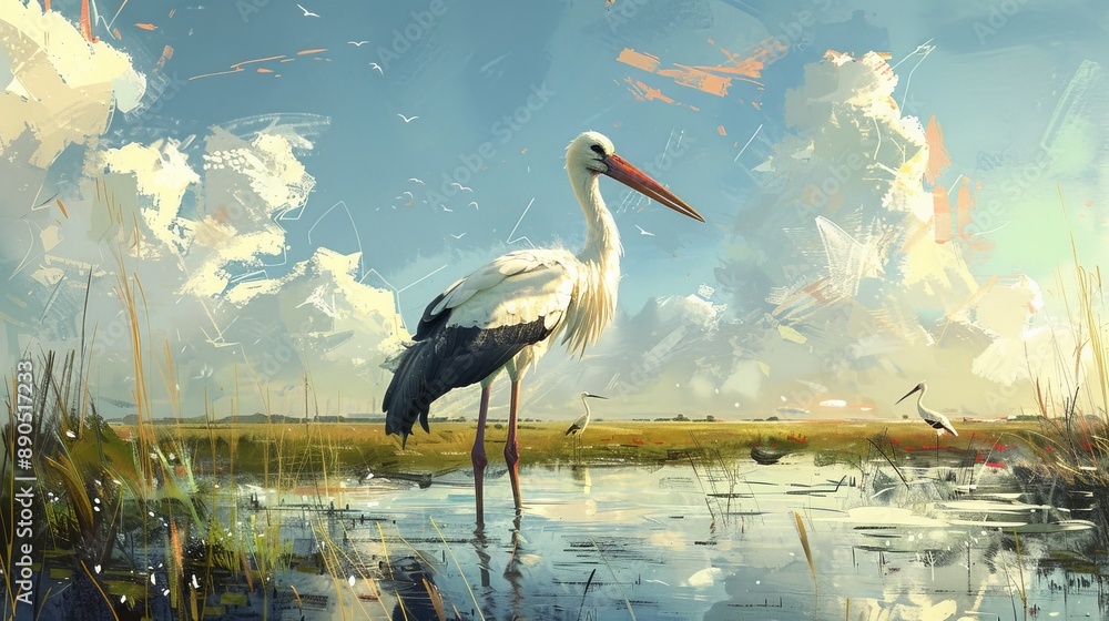 A white stork stands in shallow water in a marsh, looking toward the ...