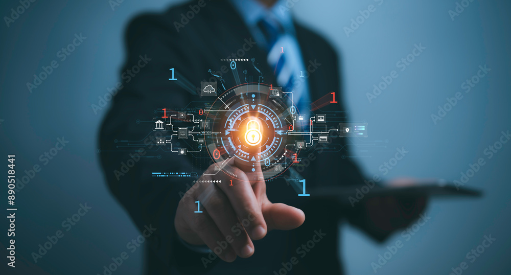 Person touches virtual shield, representing secure access and encrypted connections, with ...