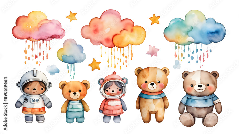 Set of watercolor children's book characters elements set isolated on ...