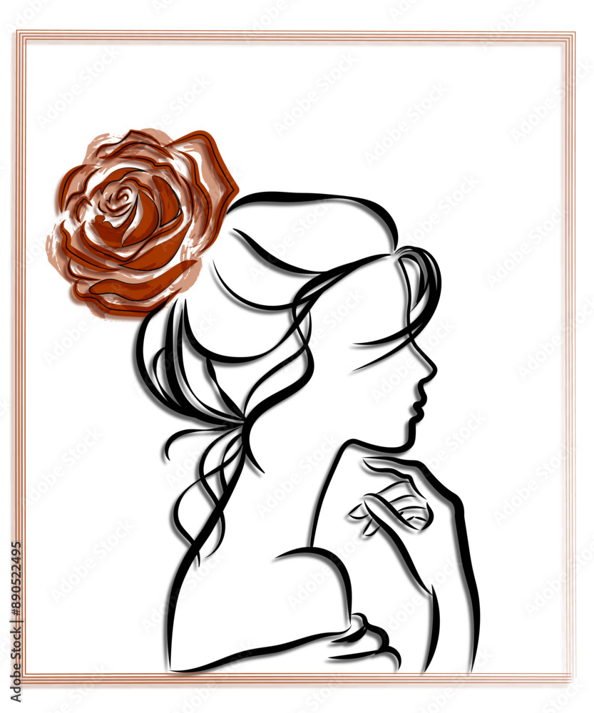 girl and rose, girl and rose, linear drawing, poster, drawing for a T ...