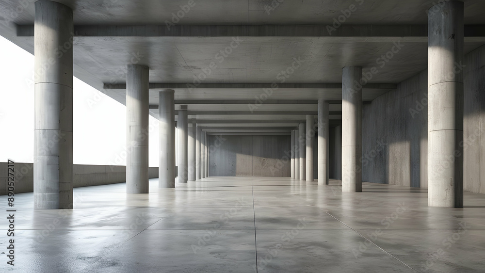 Empty modern concrete room. Concrete room with rows of pillars ceiling ...