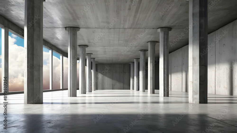 Empty modern concrete room. Concrete room with rows of pillars ceiling ...