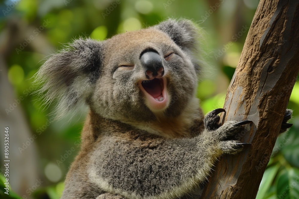 A cheerful koala hugging a tree trunk while laughing, captured in an ...