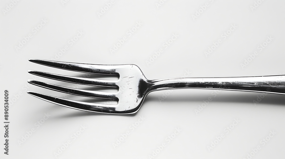 A shiny fork on a white background. The fork is made of stainless steel ...