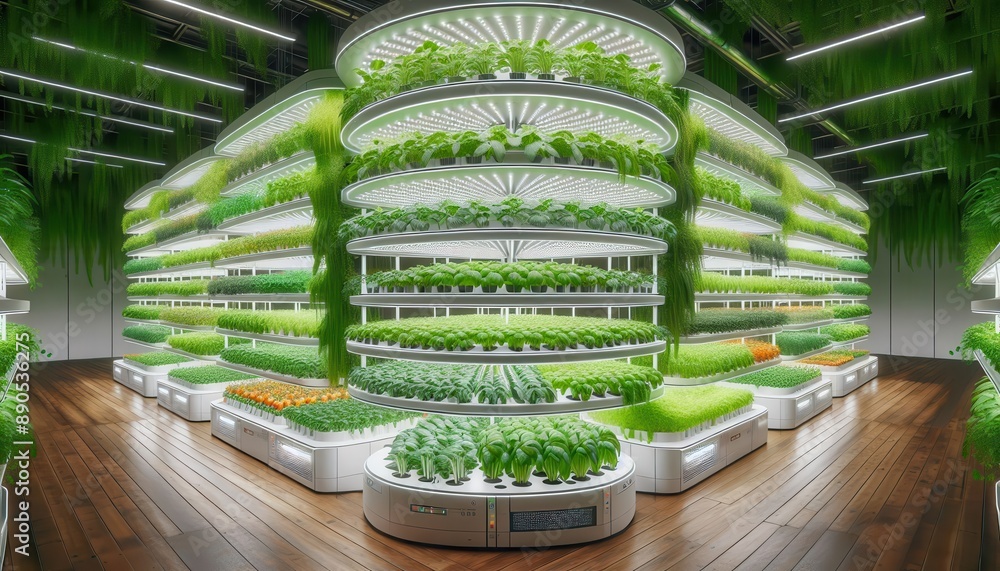 A modern indoor vertical farm with rows of leafy greens and herbs ...