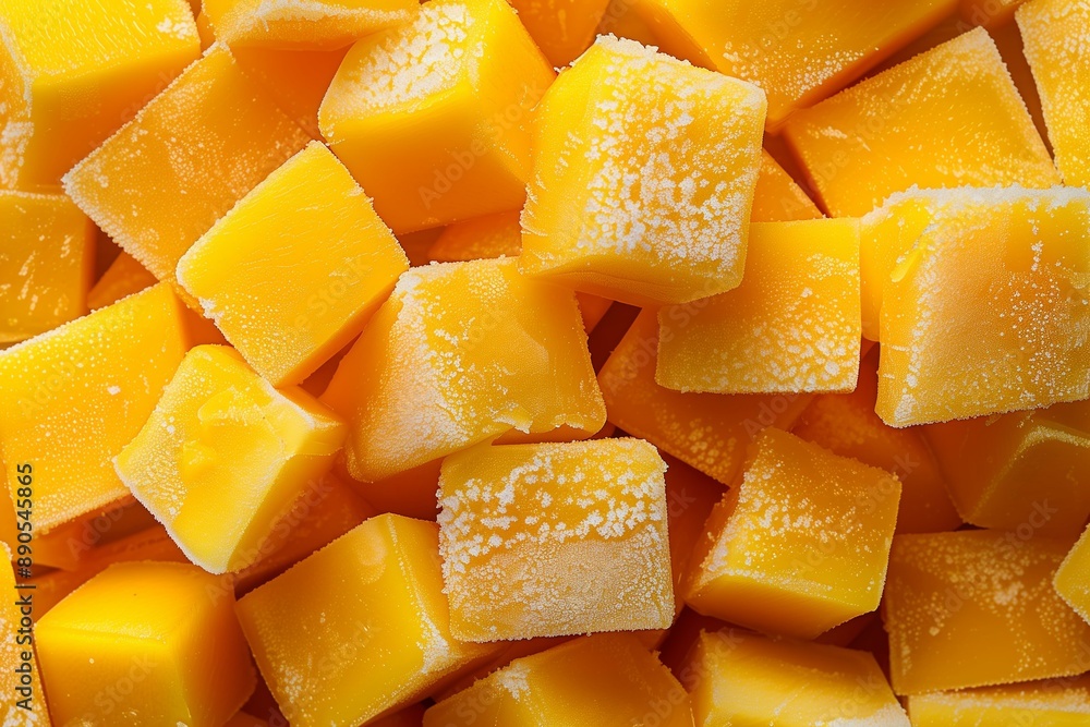 Frozen Diced Mango Pieces in a Close-Up View, Showing Frosted Edges and ...