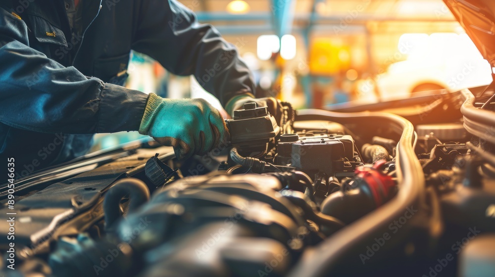 mechanic is doing the annual car inspection. Car repair shop is ready ...