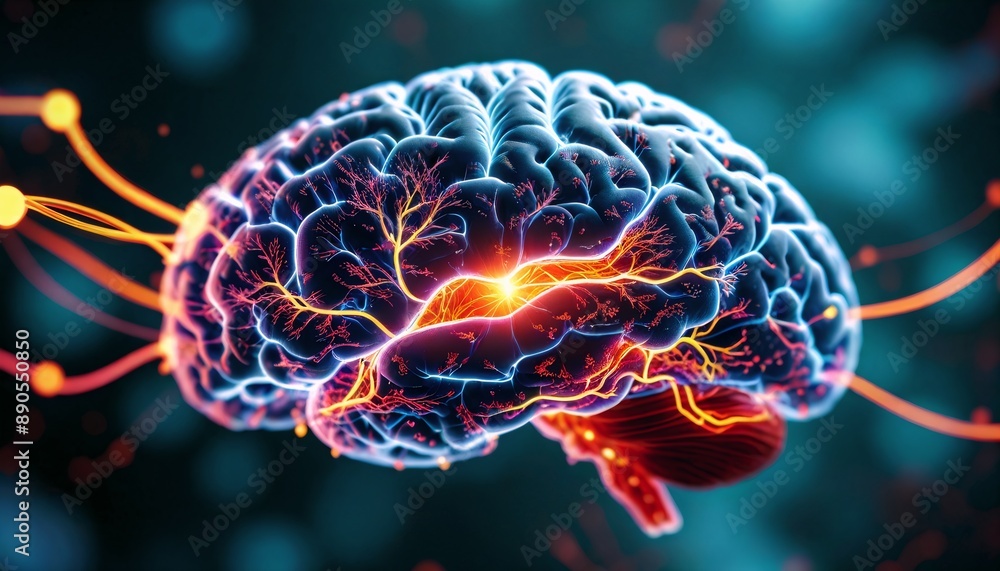 high-resolution close-up of a brain, illuminated neural pathways ...